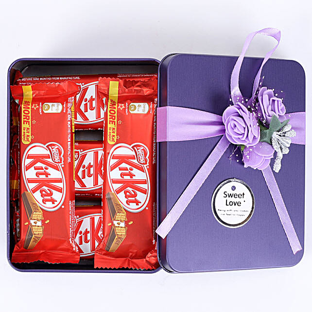 Kit-Kat in Purple Tin Box | Gift Kit-Kat in Purple Tin Box - Ferns N Petals